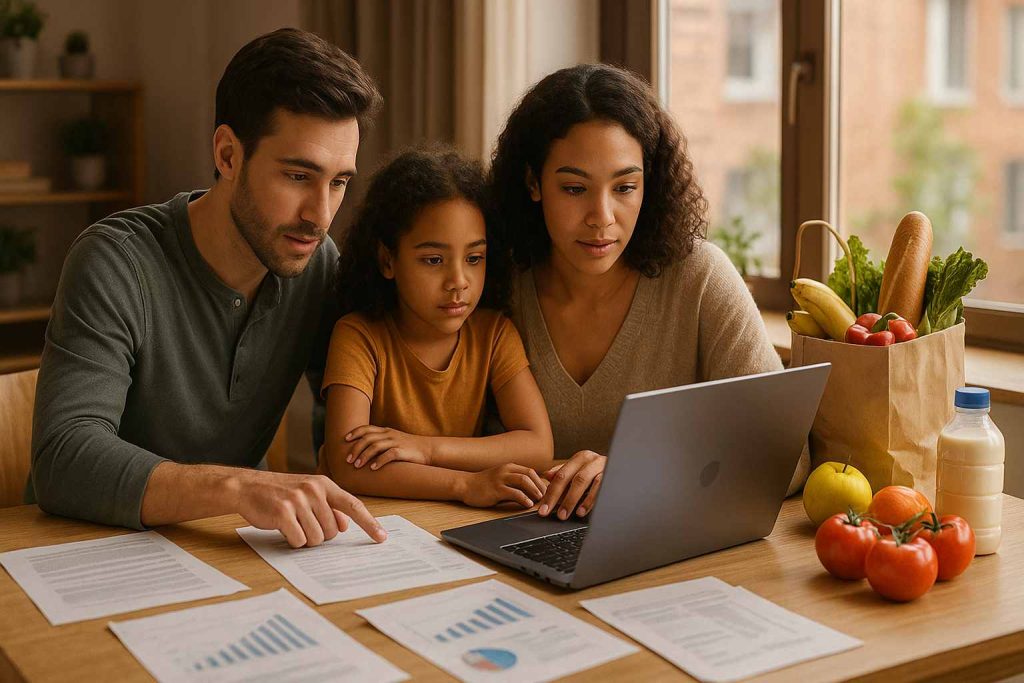 A modern urban family of three reviews finances at a dining table with ...